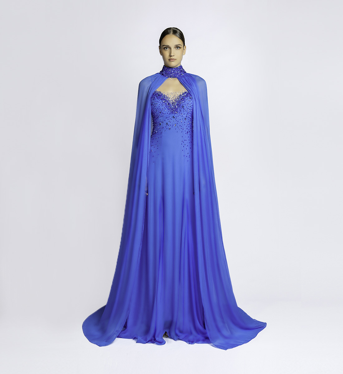 Embroidered gored dress - Egyptian Blue - Michael Cinco